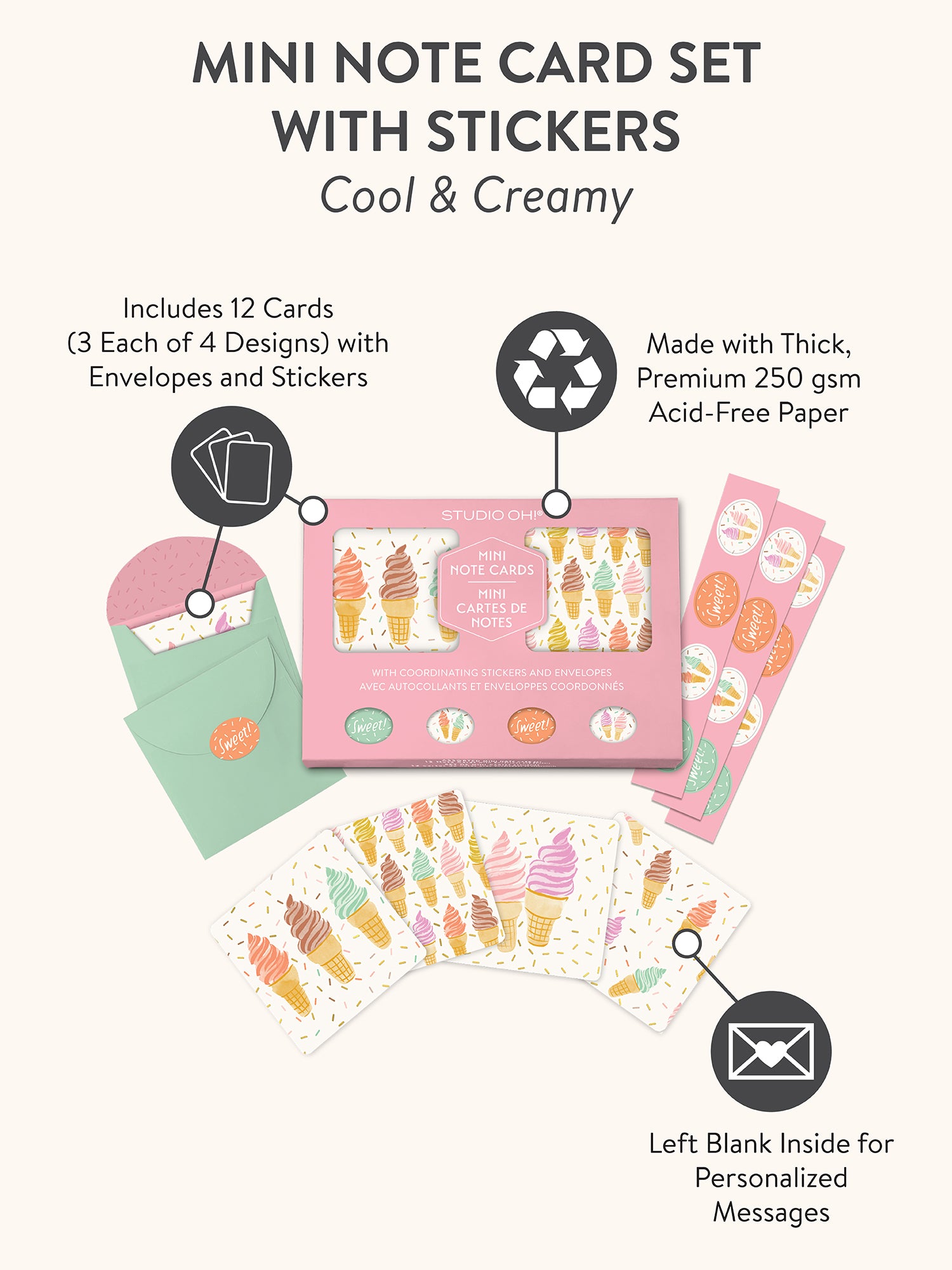 Cool & Creamy Assorted Mini Note Card Set with Stickers – Studio Oh!