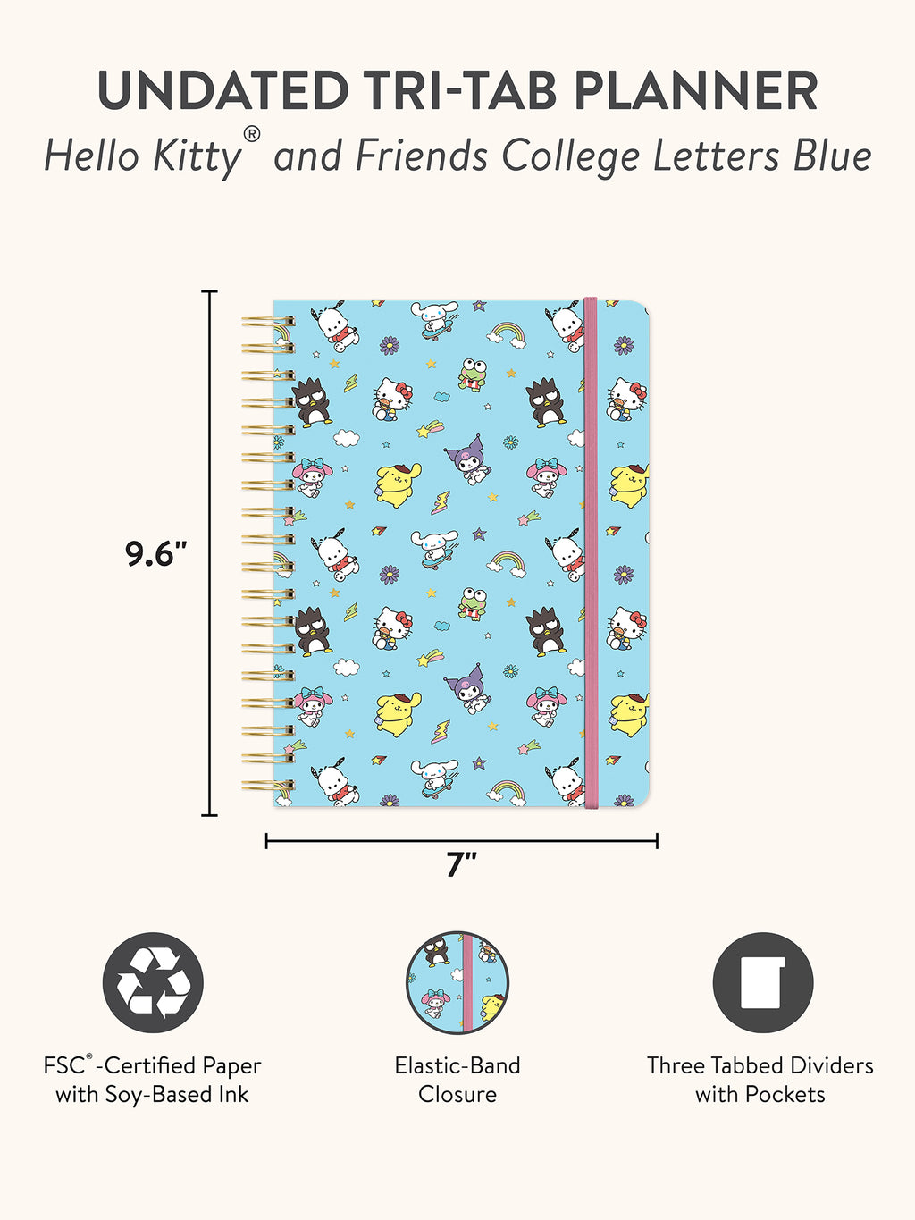 Hello Kitty and Friends College Letters Blue Undated Tri-Tab Planner ...